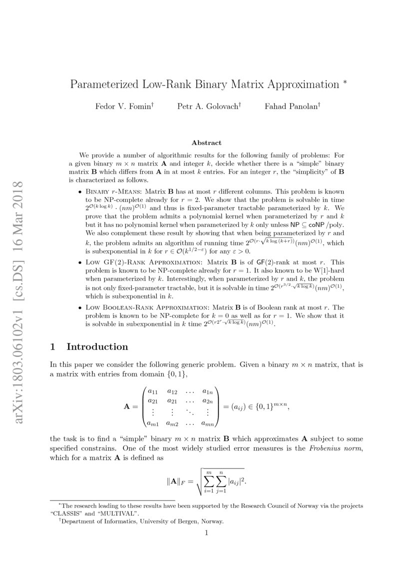 Parameterized Low Rank Binary Matrix Approximation Deepai