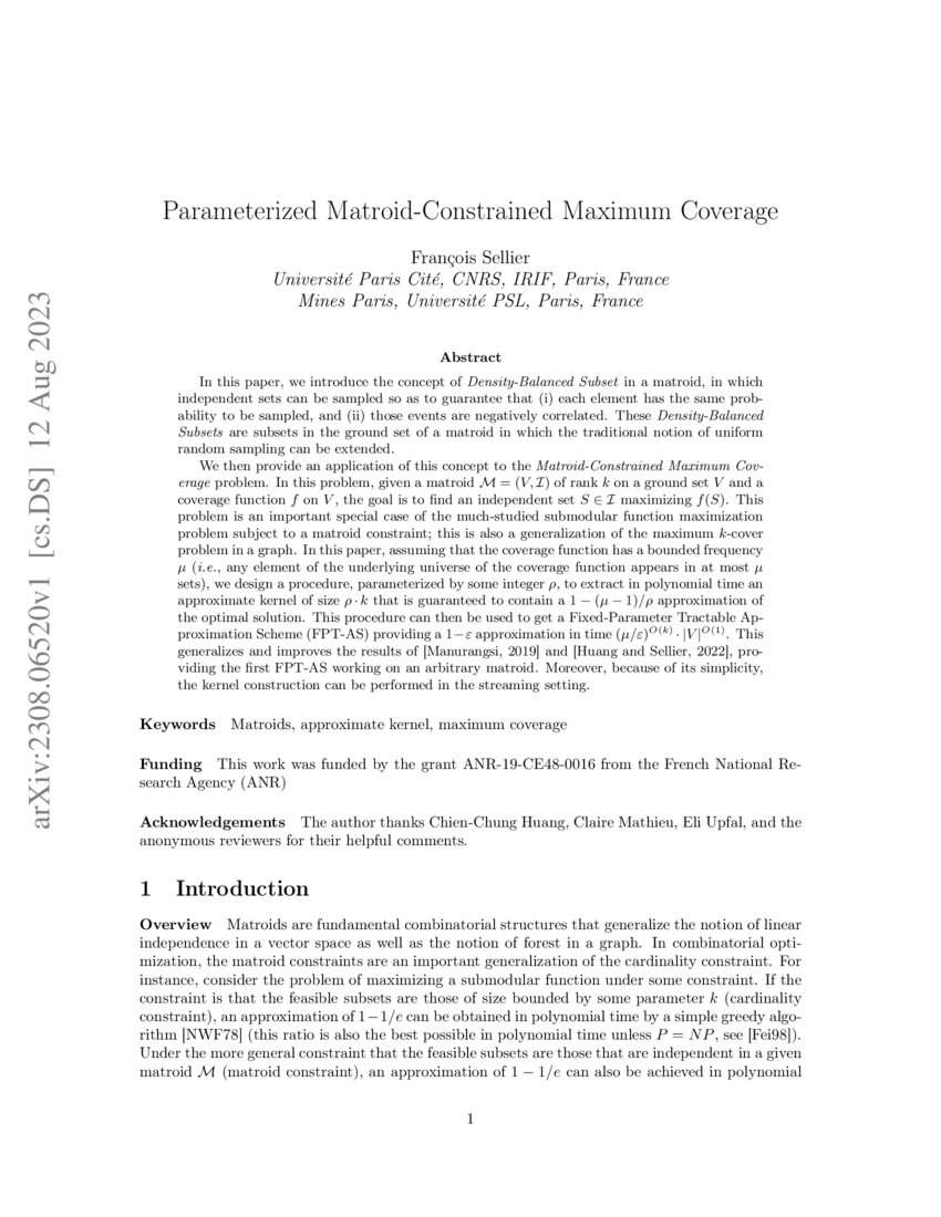 Parameterized Matroid Constrained Maximum Coverage Deepai