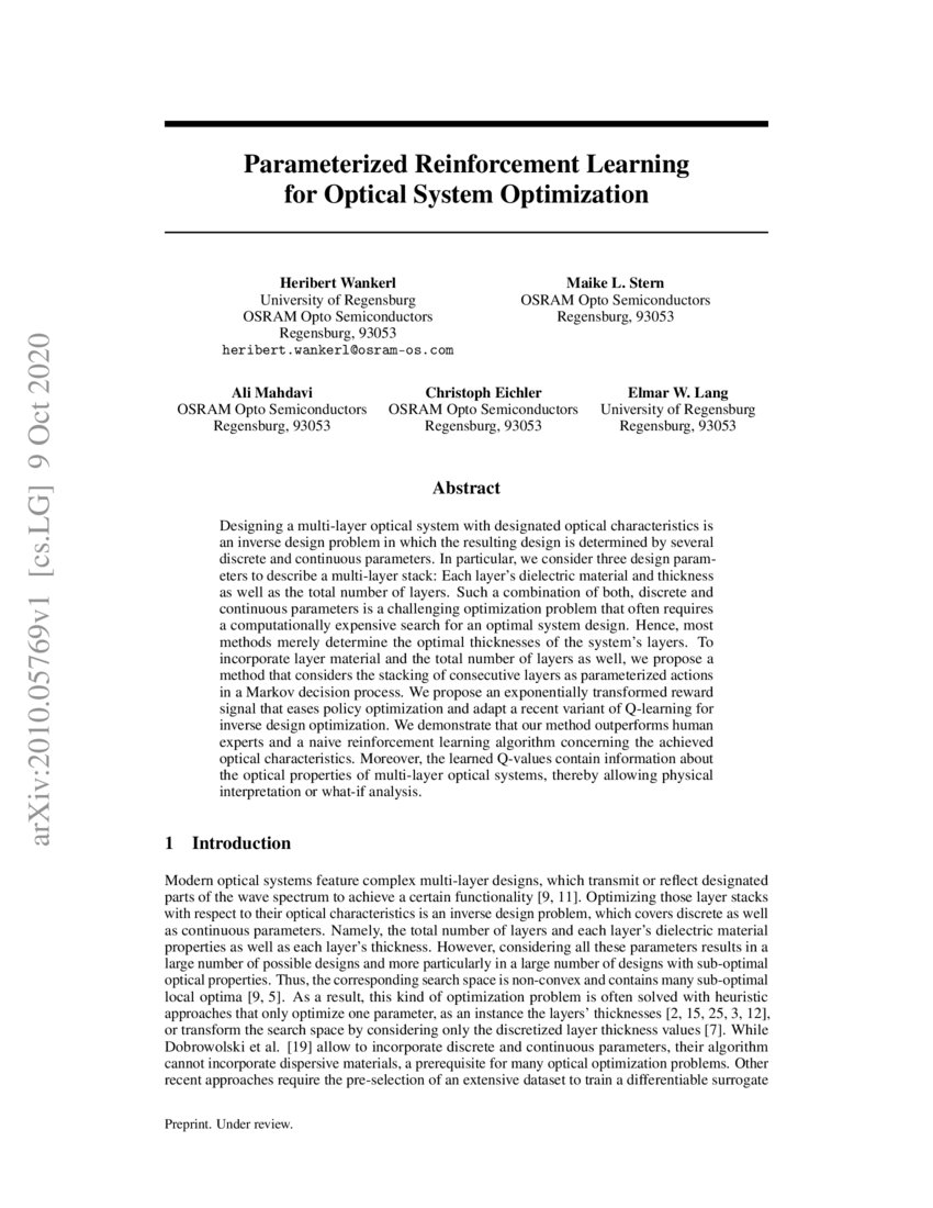 Parameterized Reinforcement Learning for Optical System Optimization | DeepAI