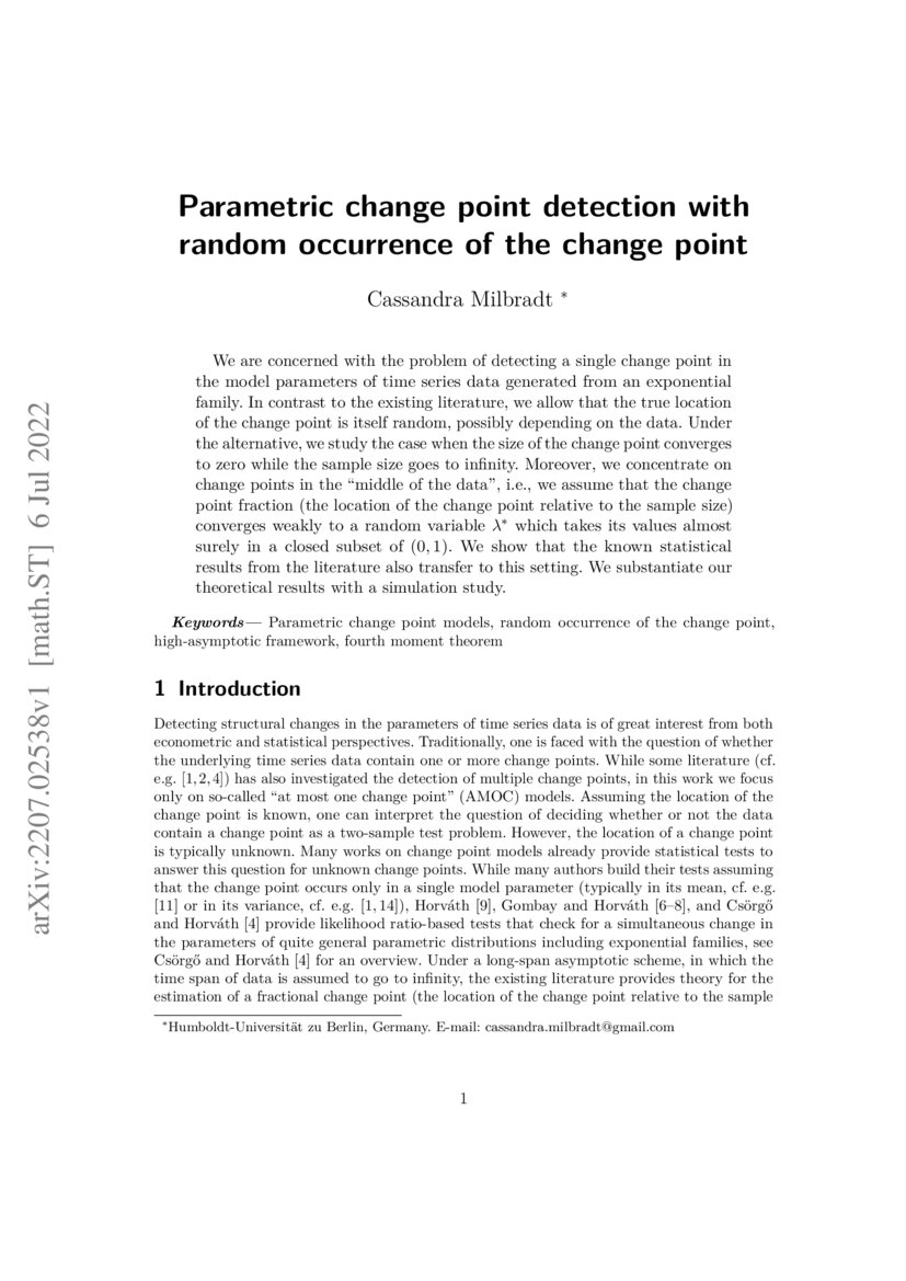 Parametric change point detection with random occurrence of the change point | DeepAI