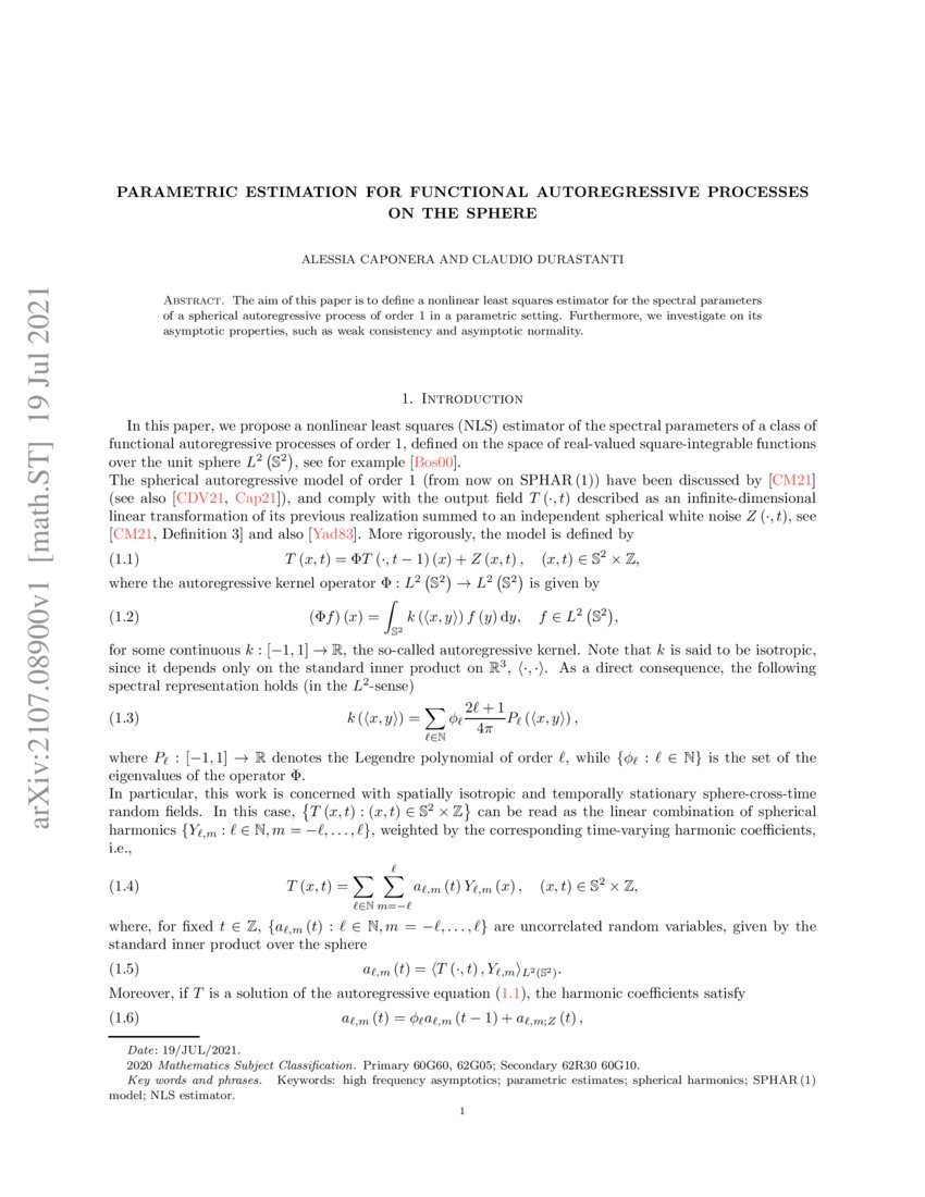 Parametric estimation for functional autoregressive processes on the sphere | DeepAI