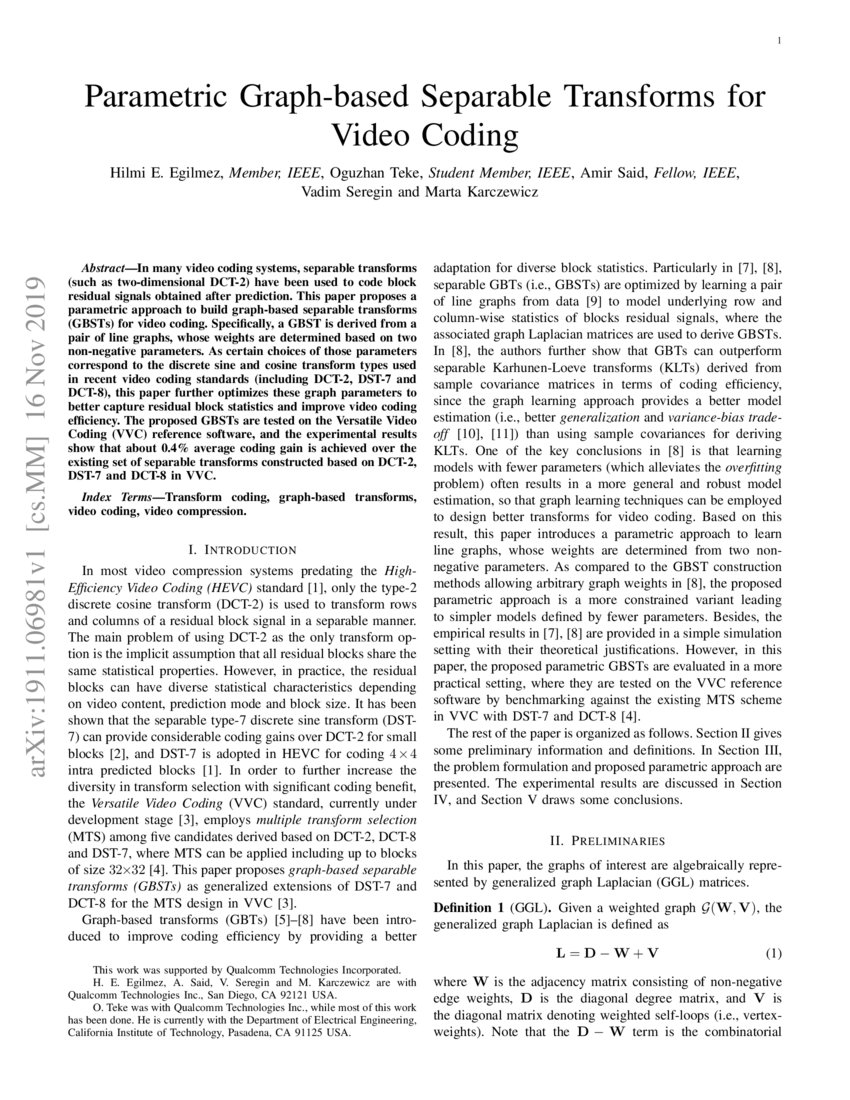 Parametric Graph-based Separable Transforms for Video Coding | DeepAI