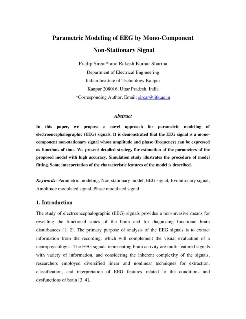 Parametric Modeling Of Eeg By Mono Component Non Stationary Signal Deepai