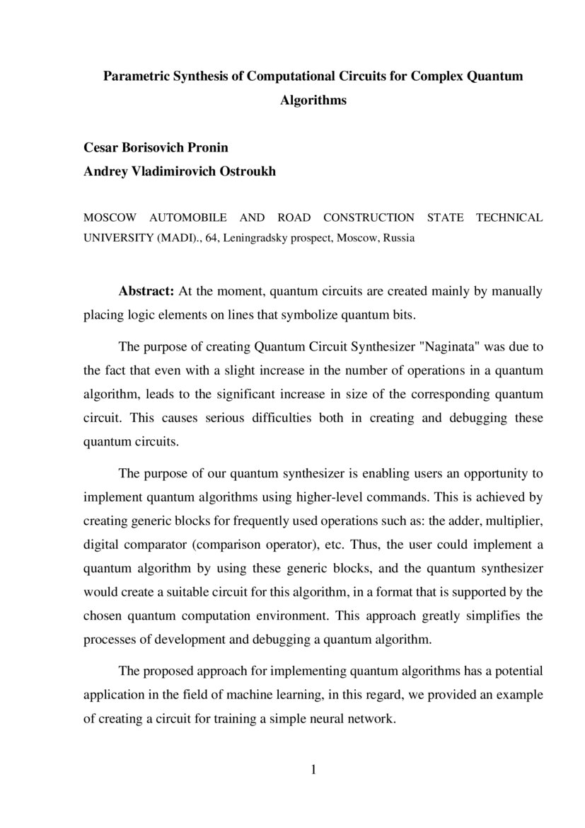 Parametric Synthesis Of Computational Circuits For Complex Quantum Algorithms Deepai