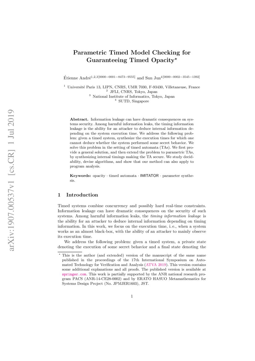 Parametric Timed Model Checking for Guaranteeing Timed Opacity | DeepAI