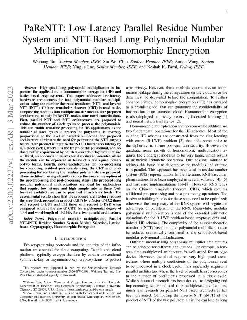 PaReNTT: Low-Latency Parallel Residue Number System and NTT-Based Long Polynomial Modular ...