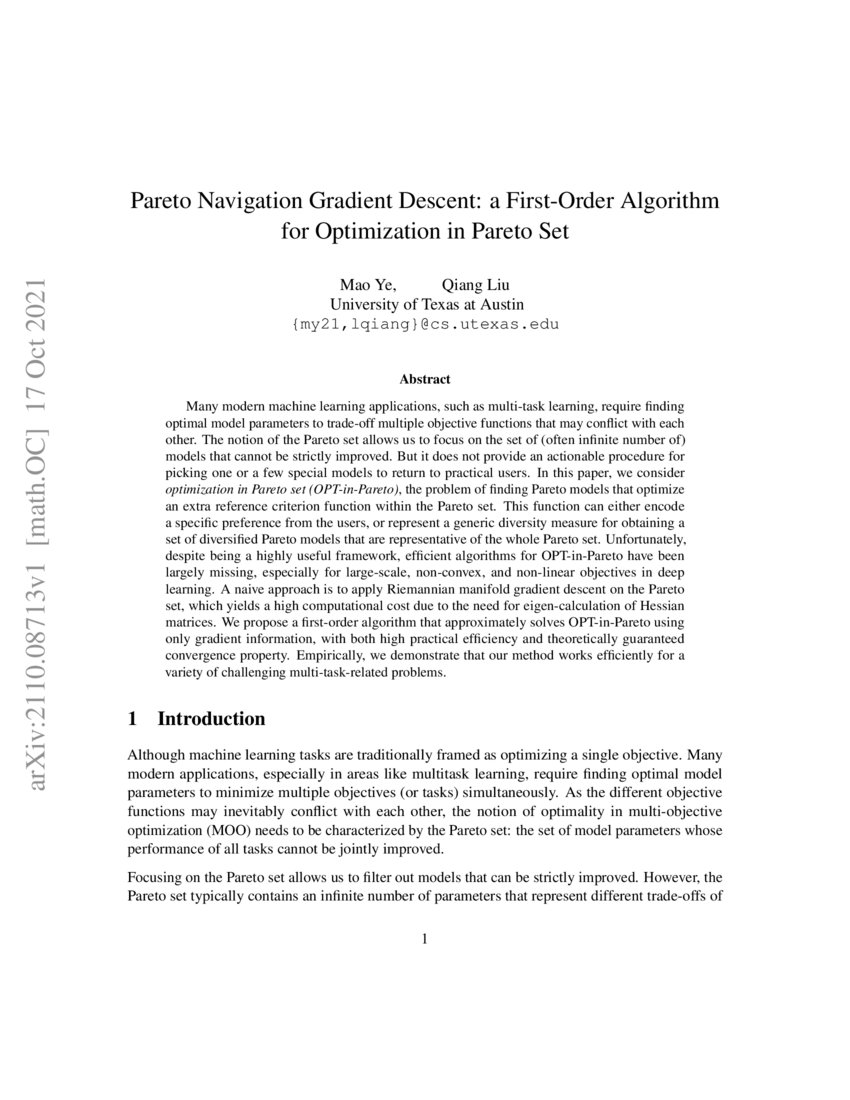Pareto Navigation Gradient Descent A First Order Algorithm For Optimization In Pareto Set Deepai