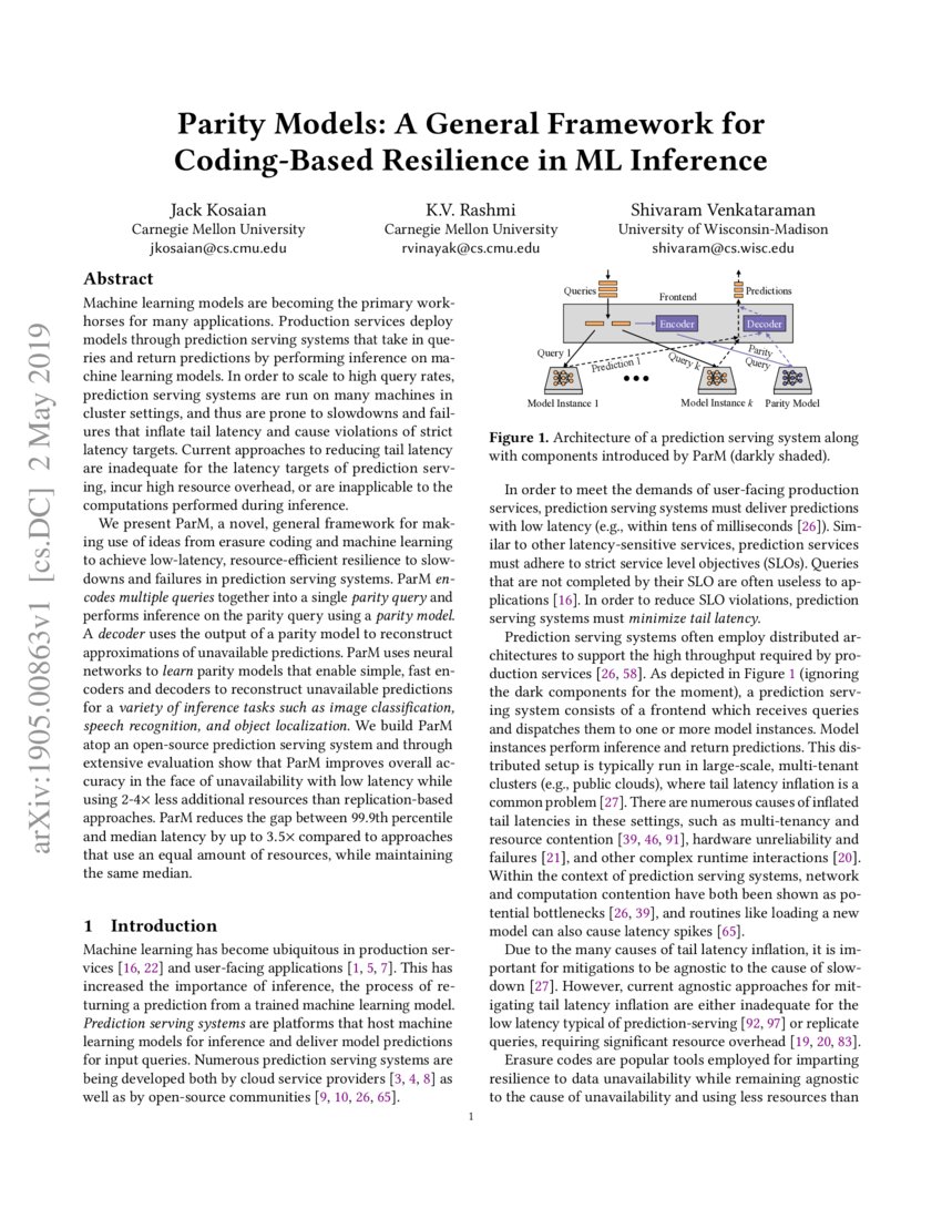 Parity Models A General Framework For Coding Based Resilience In Ml Inference Deepai