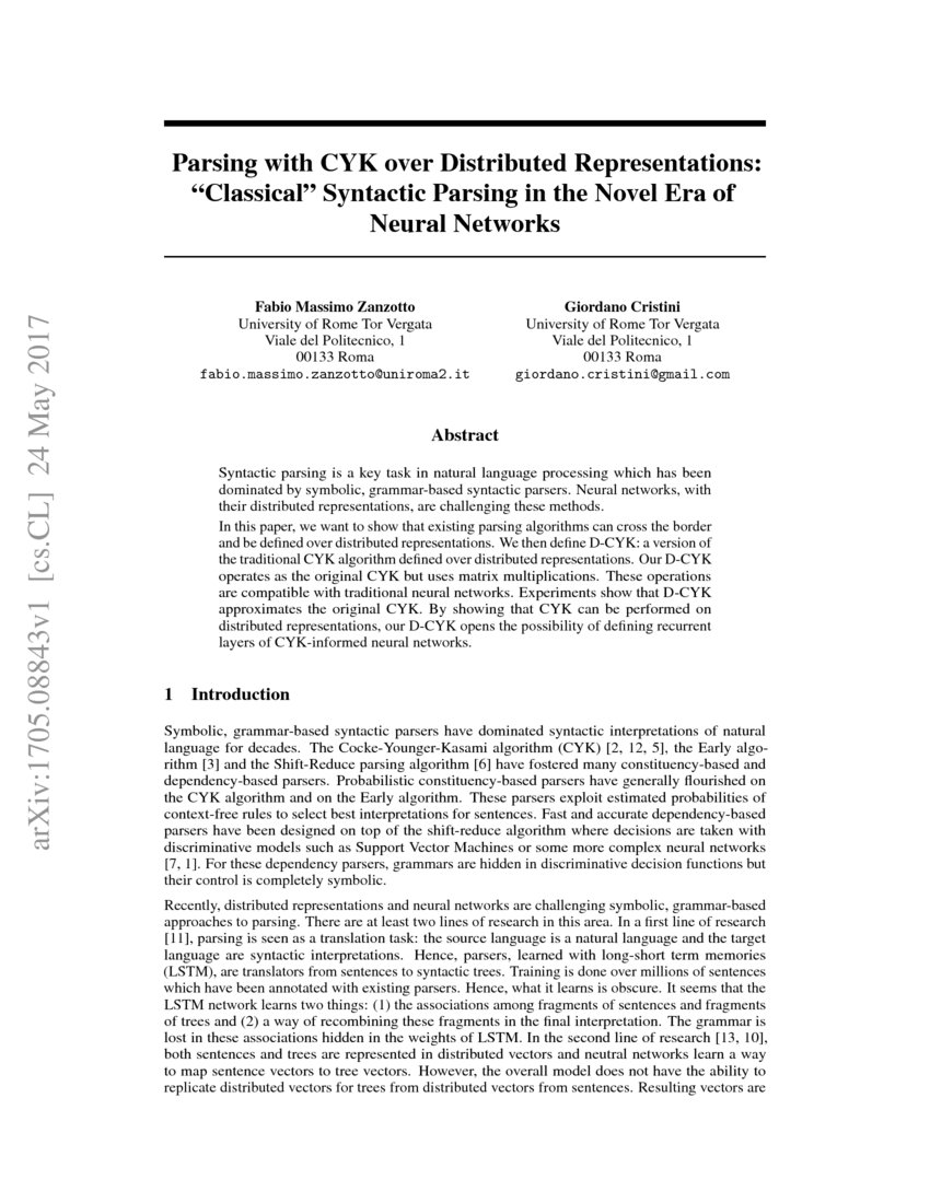 Parsing With Cyk Over Distributed Representations Classical Syntactic Parsing In The Novel
