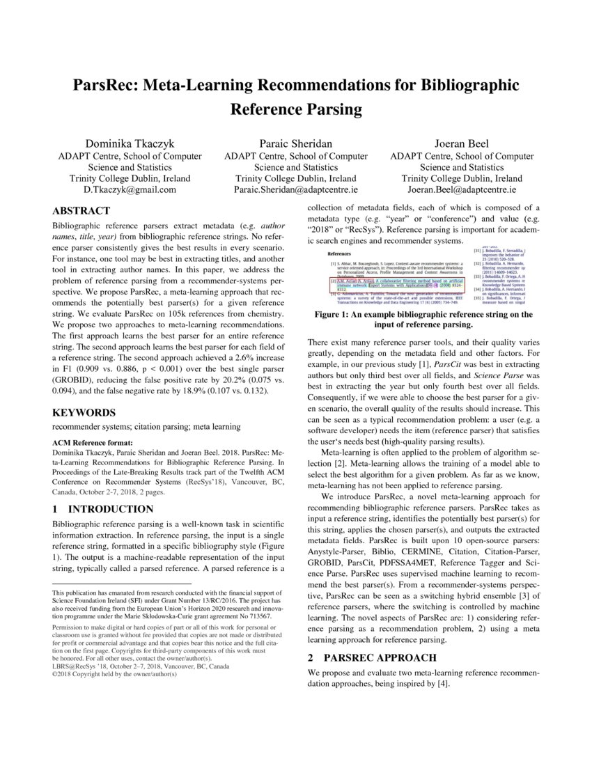 ParsRec: Meta-Learning Recommendations for Bibliographic Reference Parsing | DeepAI