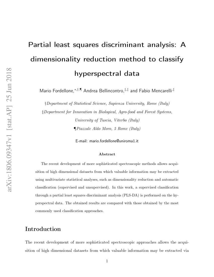 Partial Least Squares Discriminant Analysis A Dimensionality Reduction