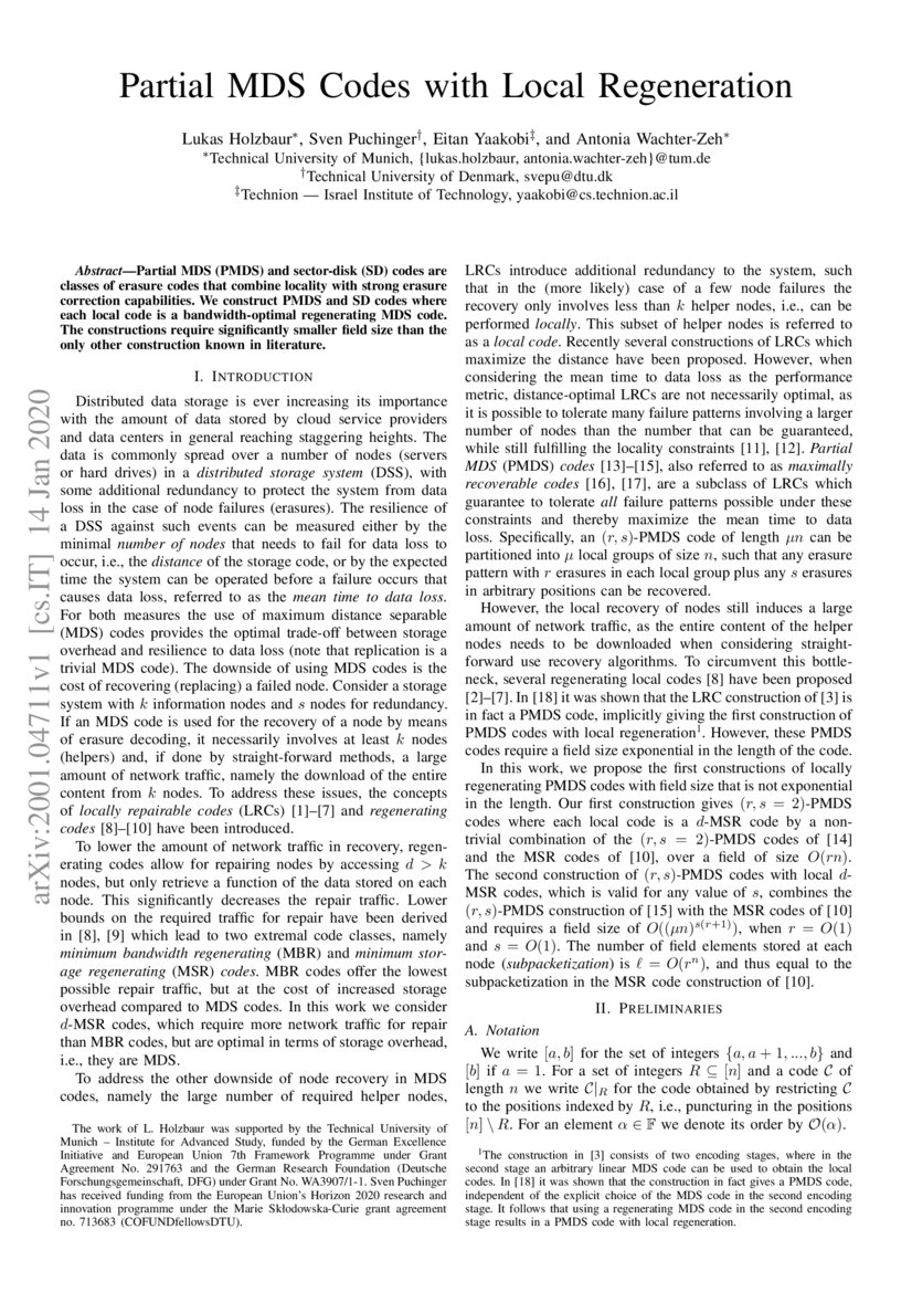 Partial MDS Codes with Local Regeneration | DeepAI