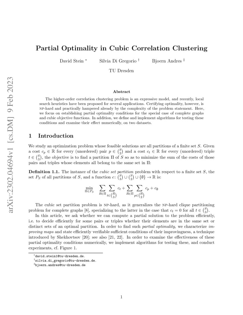 Partial Optimality in Cubic Correlation Clustering | DeepAI Partial Optimality in Cubic Correlation Clustering | DeepAI