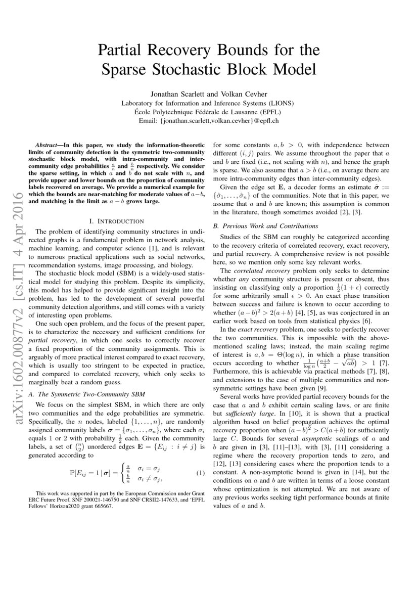 Partial Recovery Bounds for the Sparse Stochastic Block Model | DeepAI Partial Recovery Bounds for the Sparse Stochastic Block Model | DeepAI