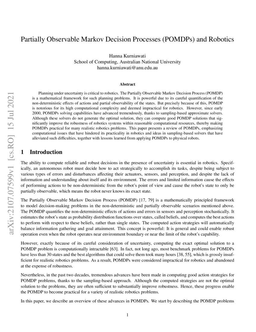 Partially Observable Markov Decision Processes (POMDPs) and Robotics ...