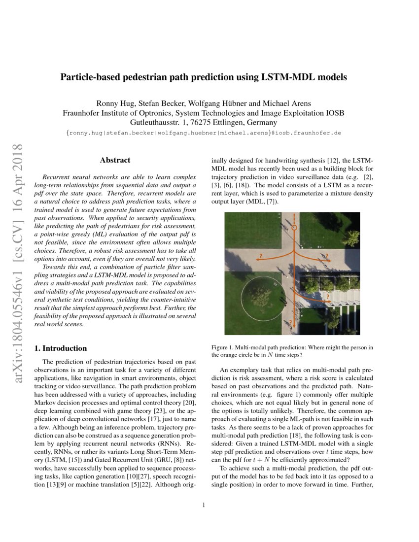 Particle-based pedestrian path prediction using LSTM-MDL models | DeepAI