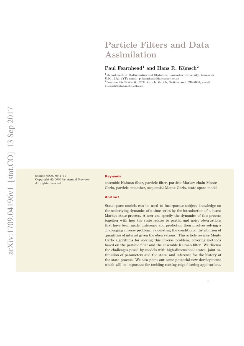Particle Filters And Data Assimilation Deepai