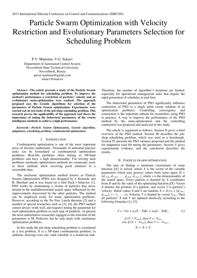 Particle Swarm Optimization With Velocity Restriction And Evolutionary Parameters Selection For 