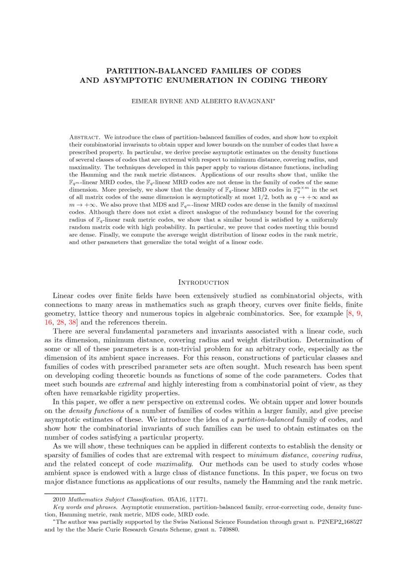 Partition-Balanced Families of Codes and Asymptotic Enumeration in Coding Theory | DeepAI