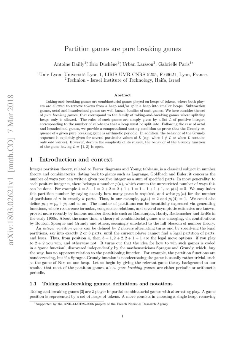 Partition games are pure breaking games | DeepAI