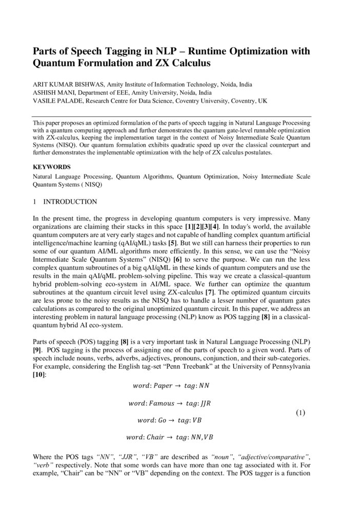 Parts of Speech Tagging in NLP: Runtime Optimization with Quantum Formulation and ZX Calculus ...