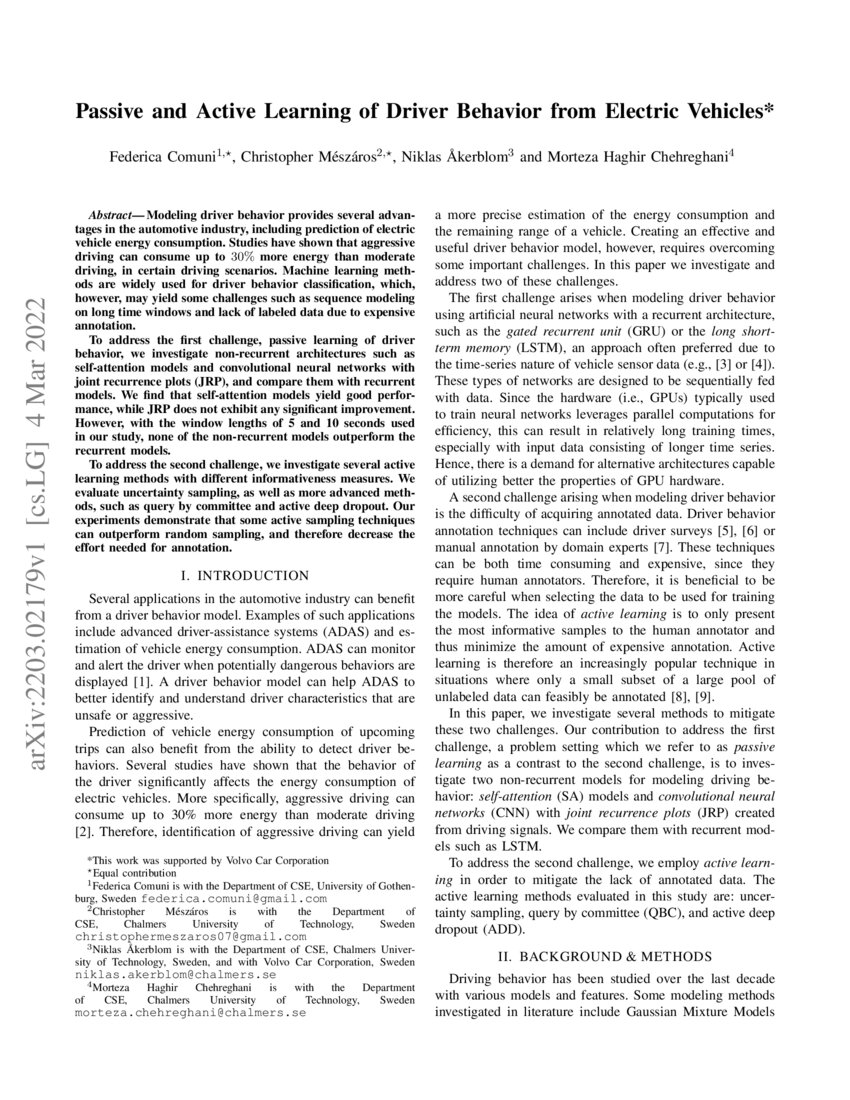 Passive and Active Learning of Driver Behavior from Electric Vehicles ...