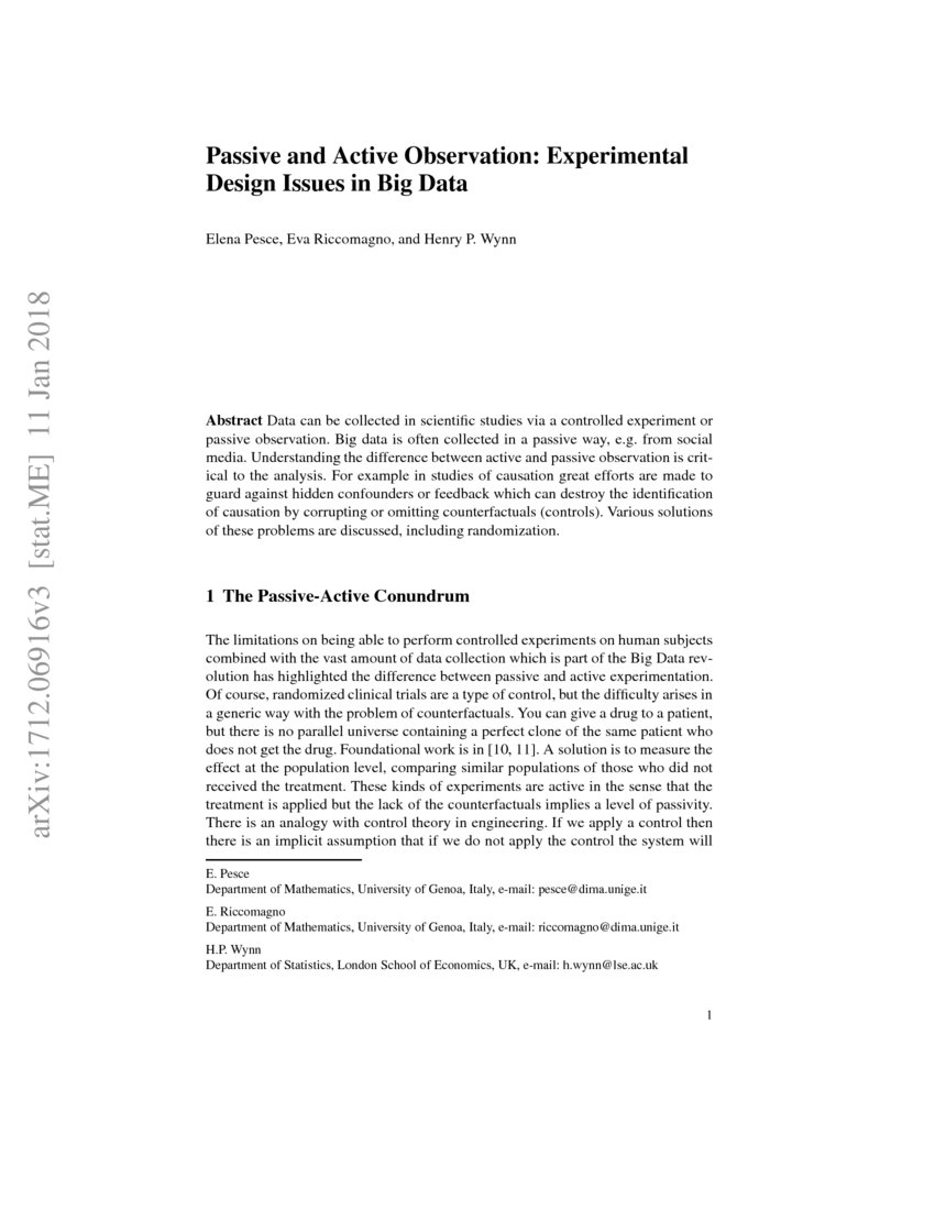 Passive And Active Observation Experimental Design Issues In Big Data
