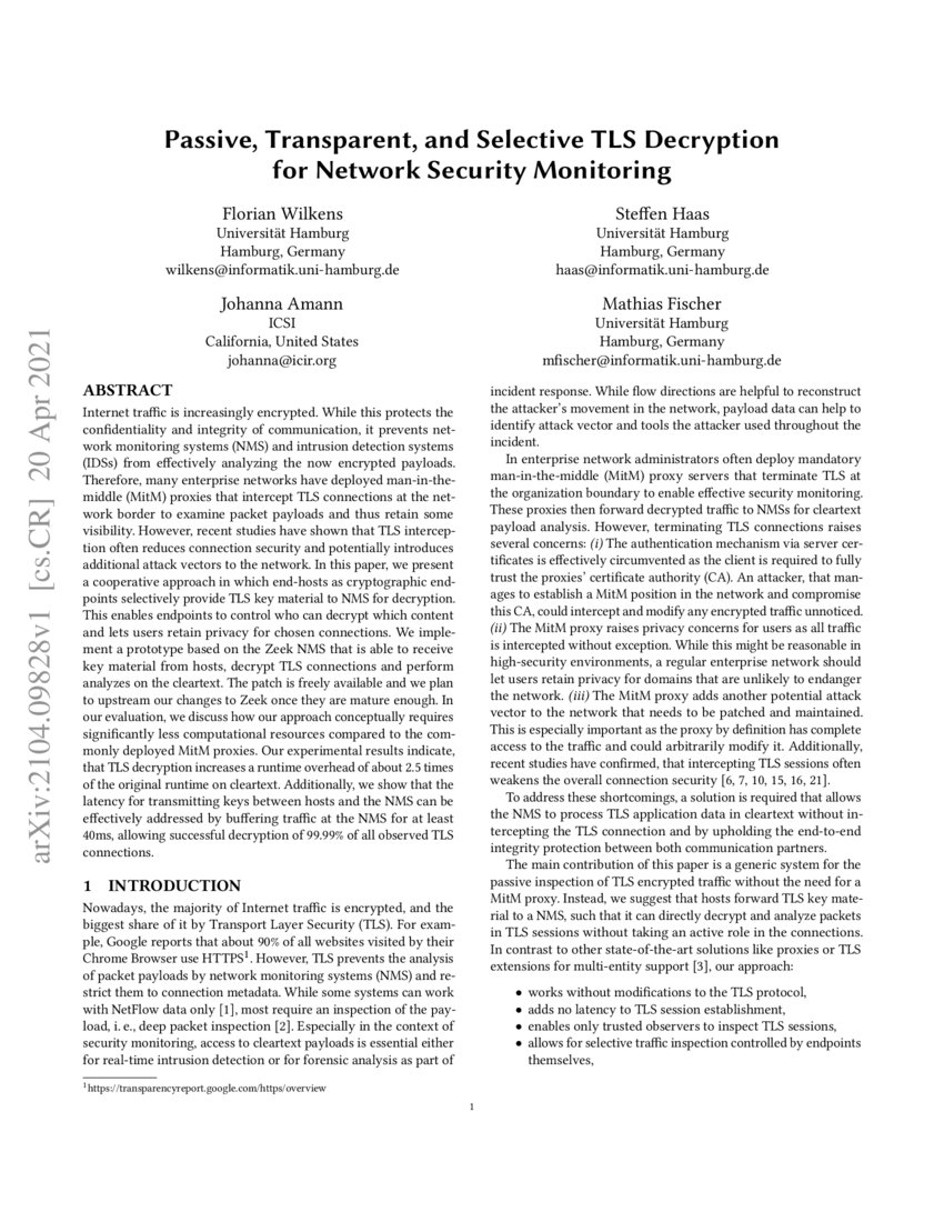 Passive, Transparent, and Selective TLS Decryption for Network Security ... Passive, Transparent, and Selective TLS Decryption for Network Security ...