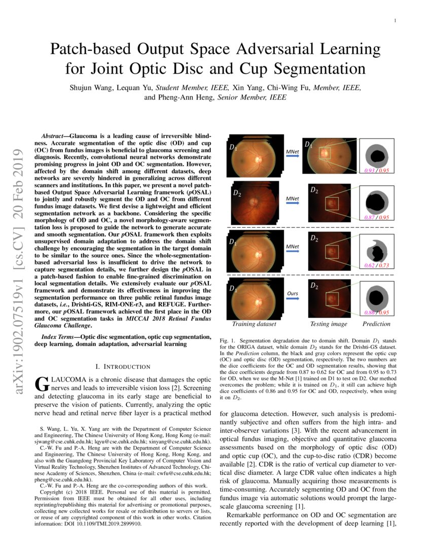 Patch-based Output Space Adversarial Learning for Joint Optic Disc and Cup Segmentation | DeepAI