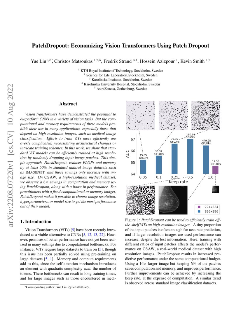 PatchDropout: Economizing Vision Transformers Using Patch Dropout | DeepAI