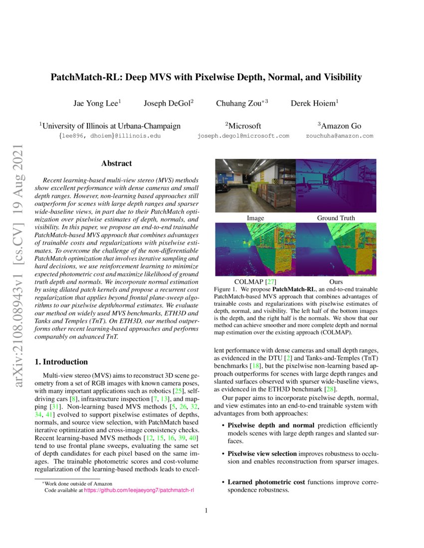 PatchMatch-RL: Deep MVS with Pixelwise Depth, Normal, and Visibility | DeepAI