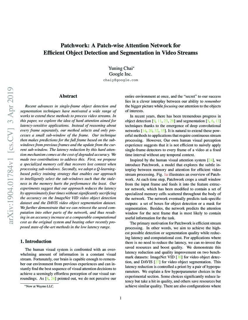 Patchwork A Patch Wise Attention Network For Efficient Object Detection And Segmentation In 