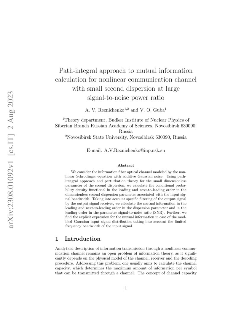 Path-integral approach to mutual information calculation for nonlinear communication channel ...