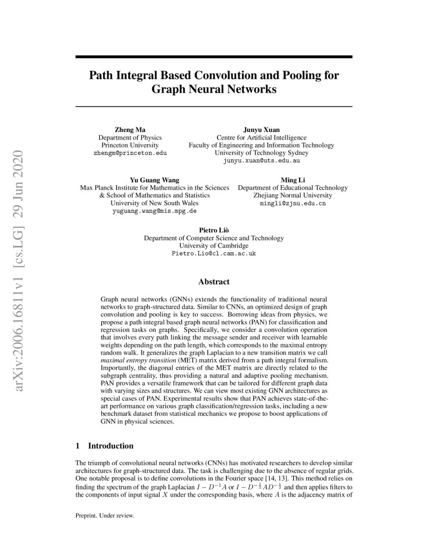 Path Integral Based Convolution and Pooling for Graph Neural Networks ... Path Integral Based Convolution and Pooling for Graph Neural Networks ...