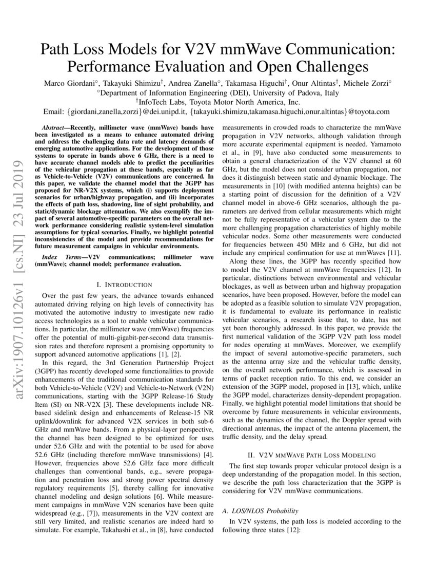 Path Loss Models for V2V mmWave Communication: Performance Evaluation and Open Challenges | DeepAI