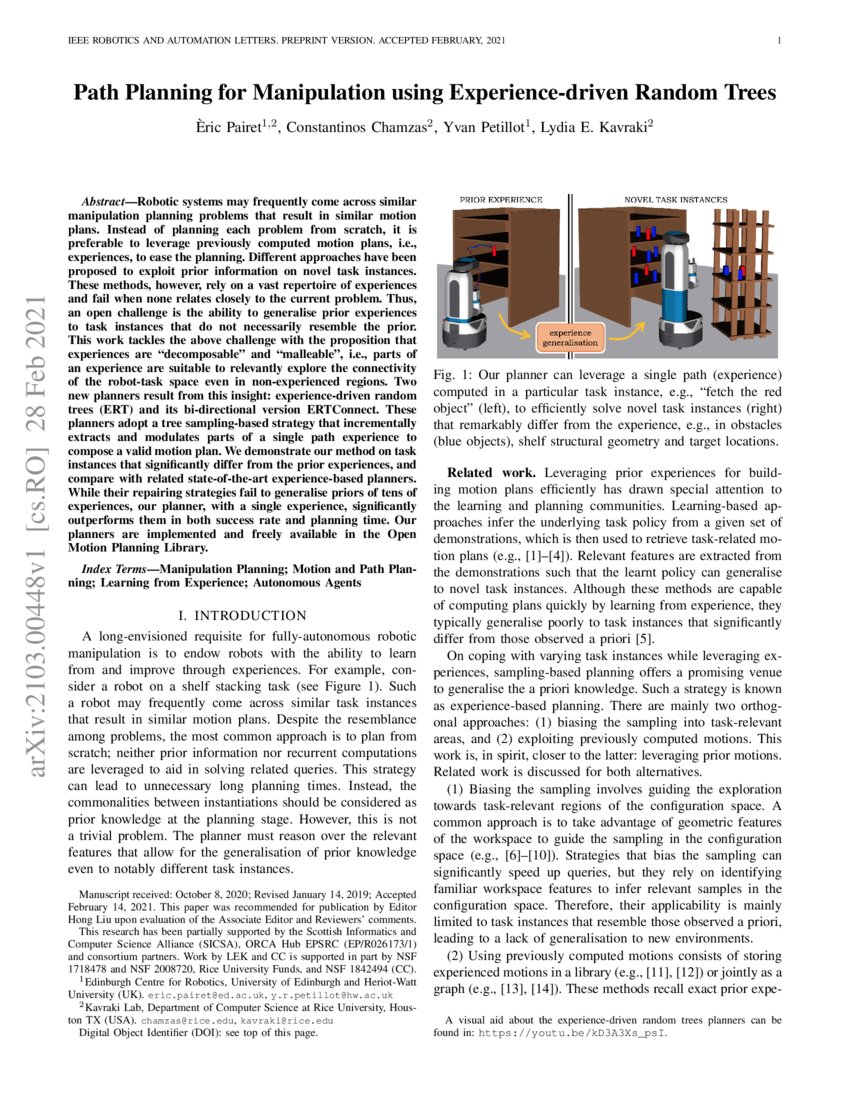 Path Planning for Manipulation using Experience-driven Random Trees ...