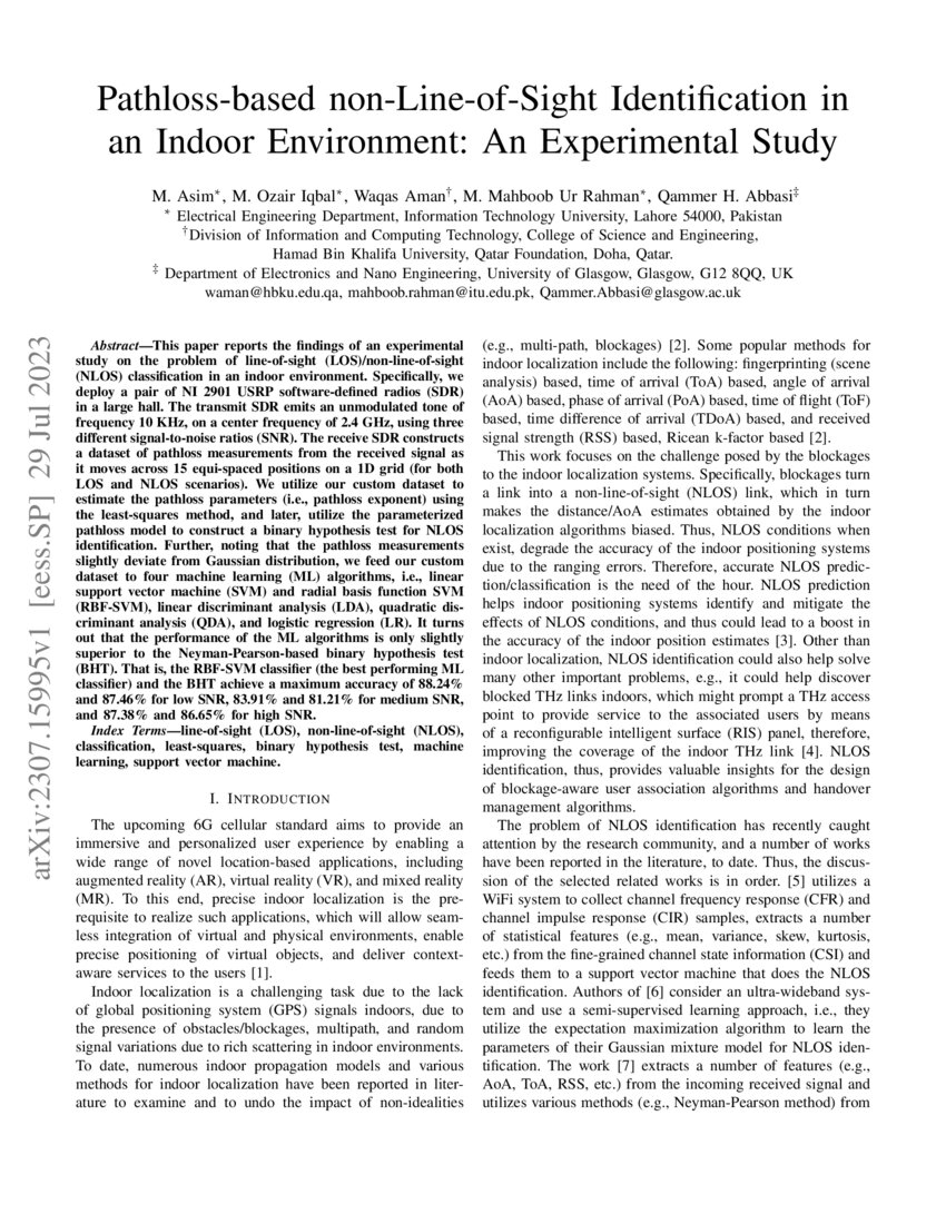 Pathloss-based non-Line-of-Sight Identification in an Indoor Environment: An Experimental Study ...
