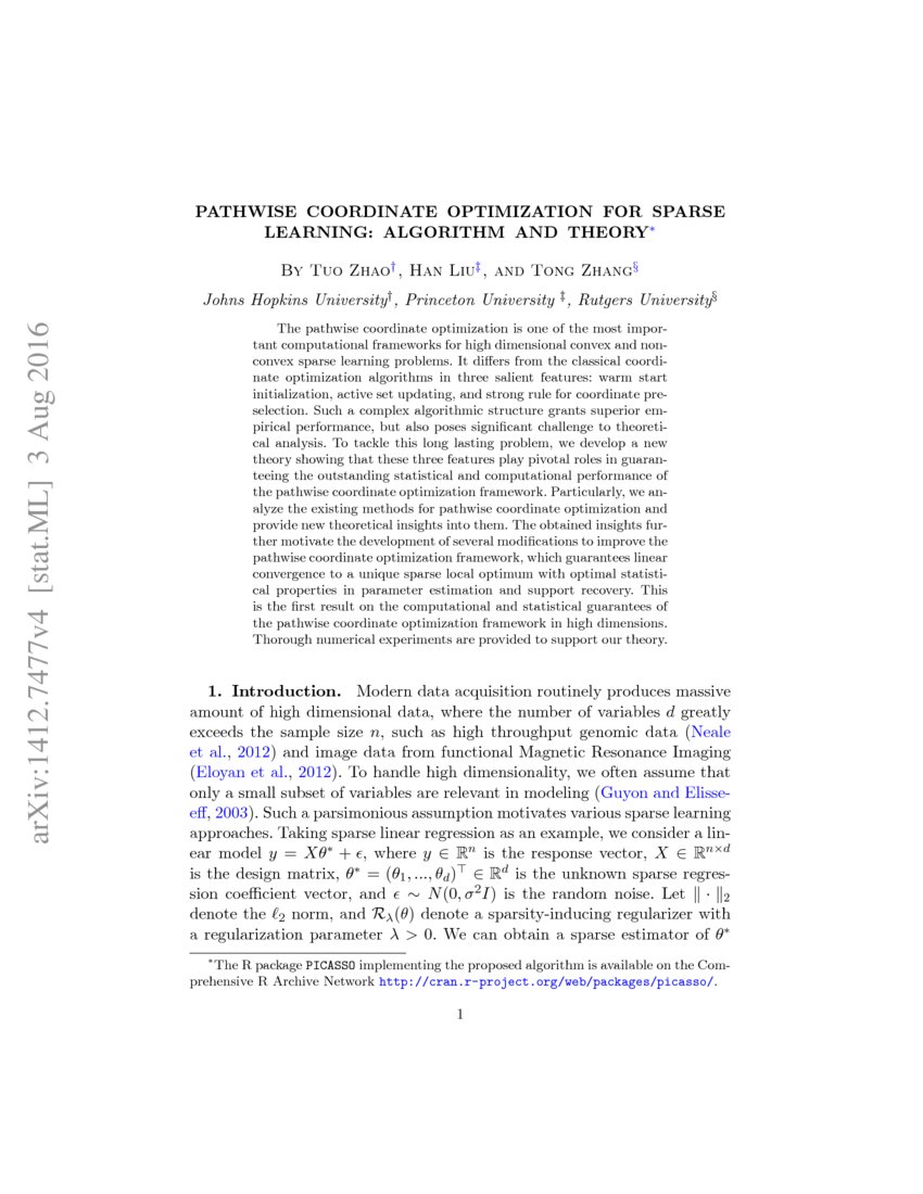 Pathwise Coordinate Optimization For Sparse Learning Algorithm And 1761