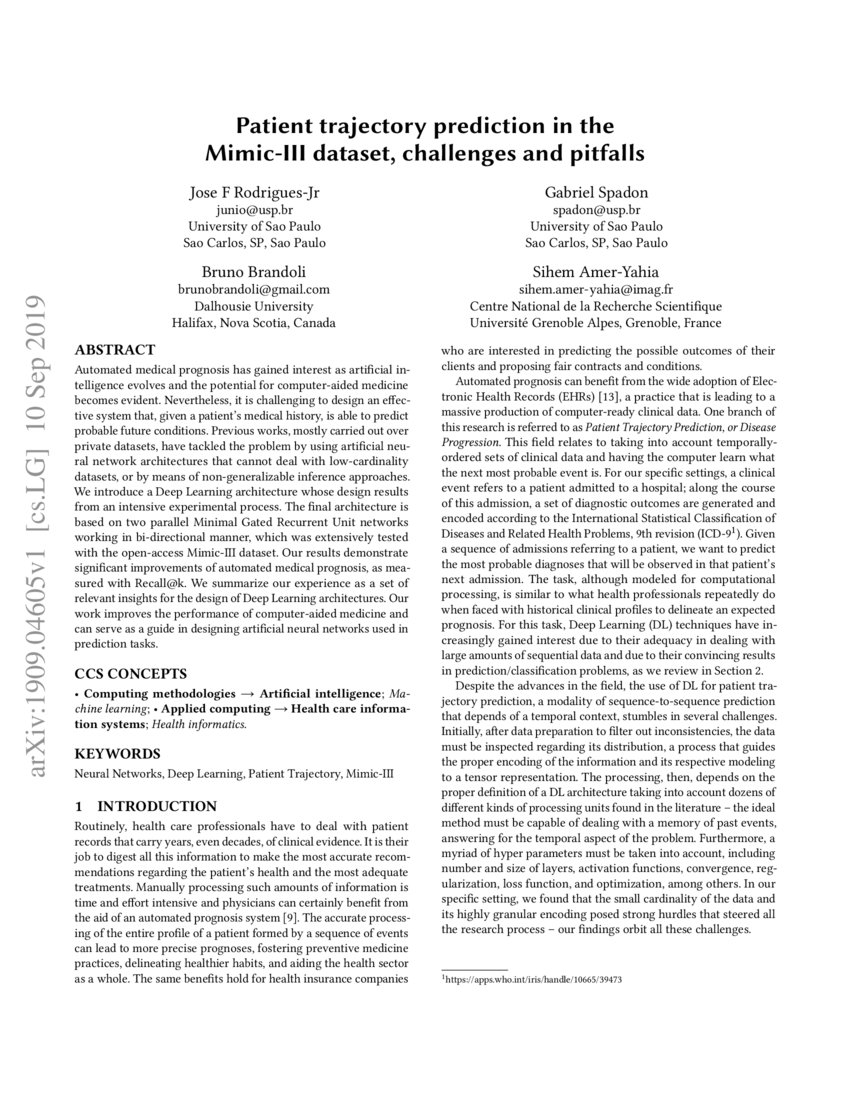 Patient trajectory prediction in the Mimic-III dataset, challenges and ...