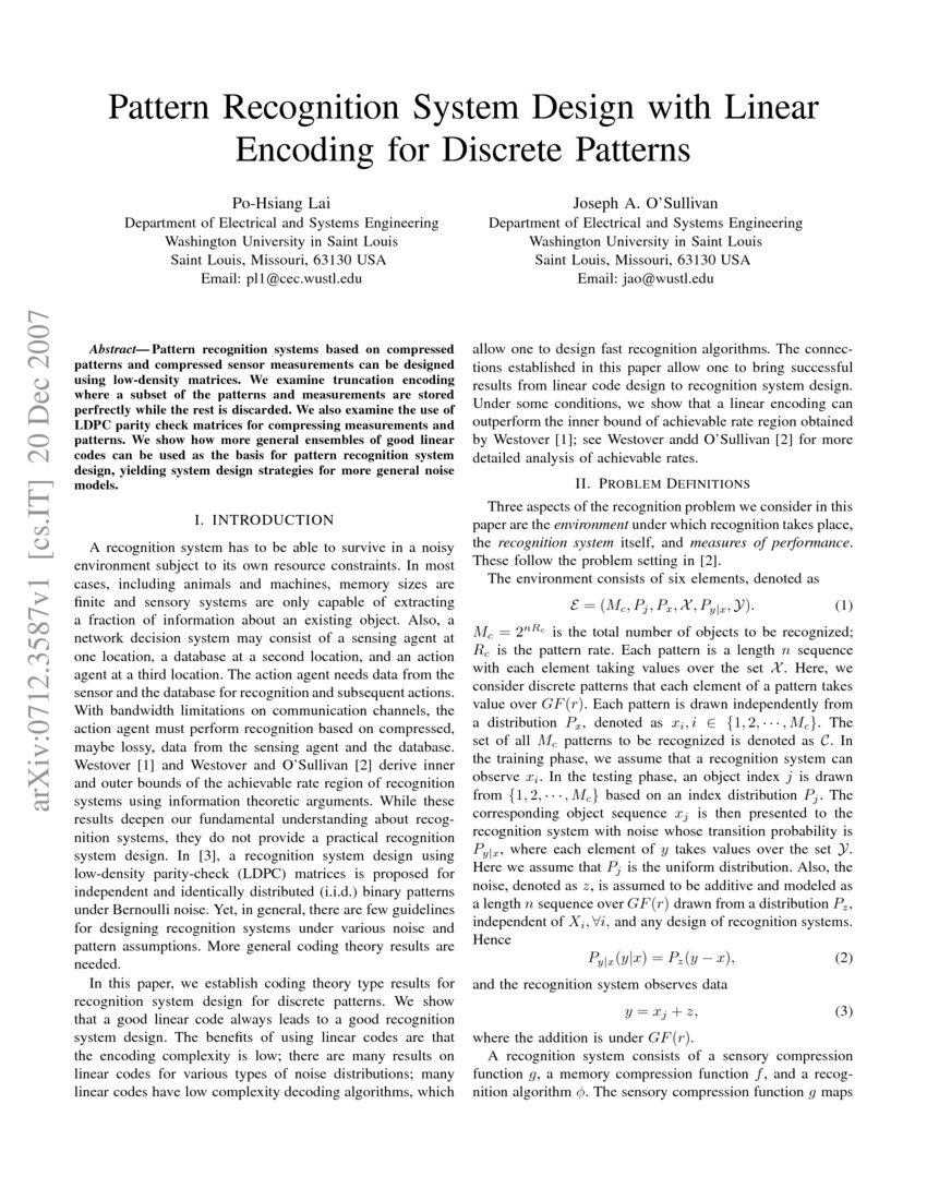 Pattern Recognition System Design With Linear Encoding For Discrete