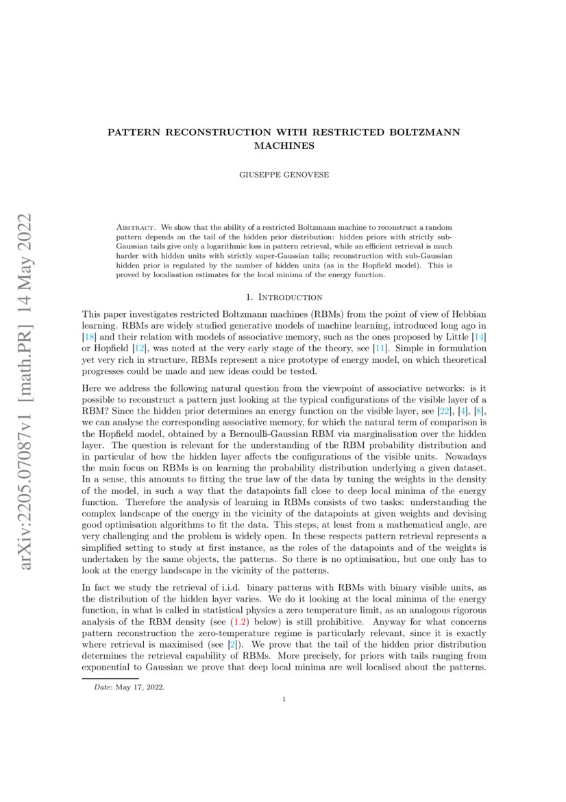 Pattern reconstruction with restricted Boltzmann machines | DeepAI