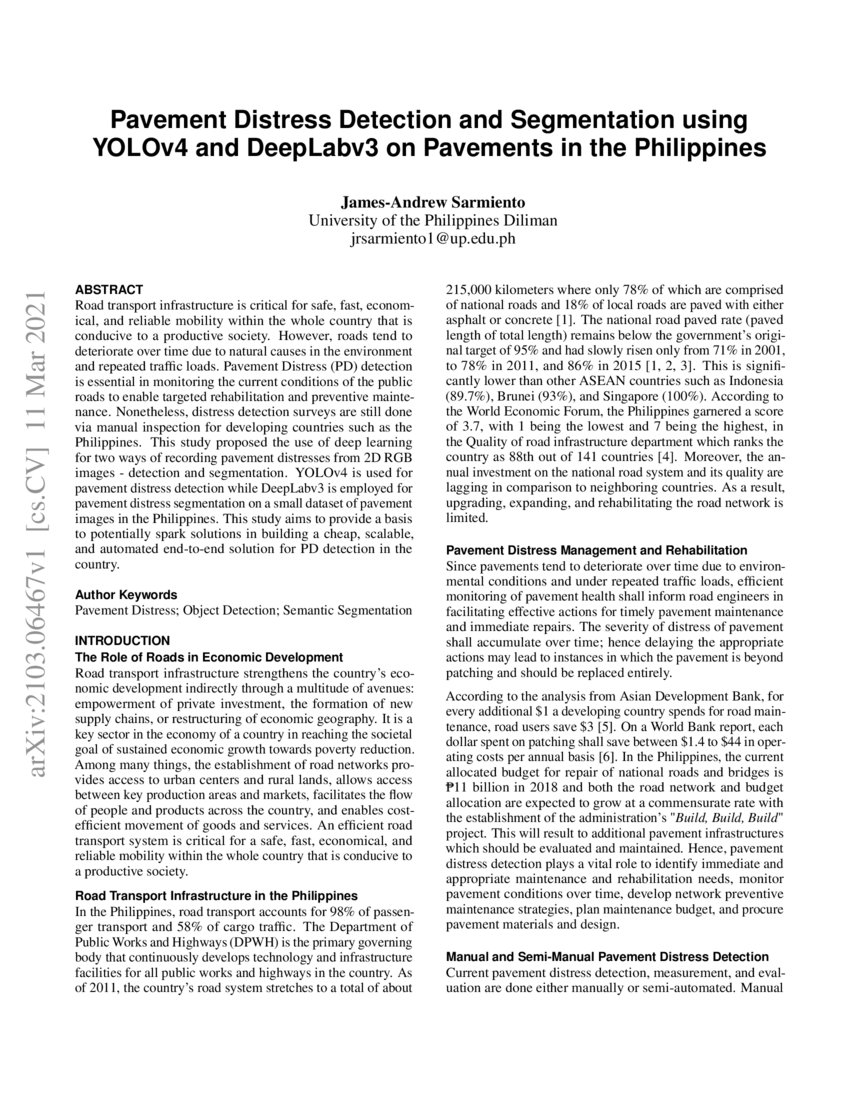 Pavement Distress Detection and Segmentation using YOLOv4 and DeepLabv3 on Pavements in the ...