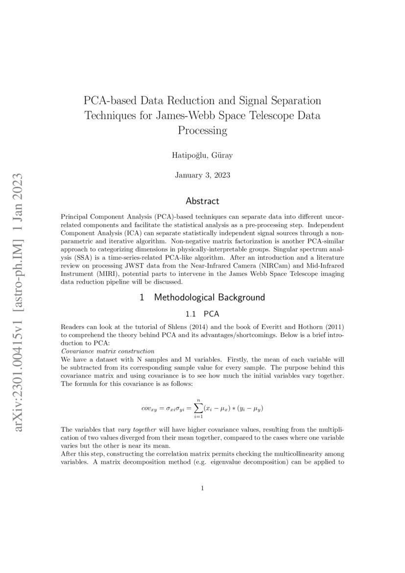 PCA-based Data Reduction and Signal Separation Techniques for James-Webb Space Telescope Data ...