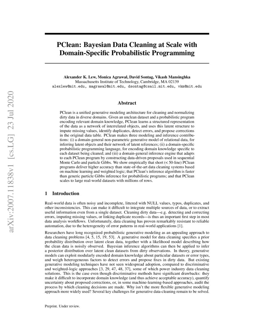 PClean: Bayesian Data Cleaning at Scale with Domain-Specific Probabilistic Programming | DeepAI