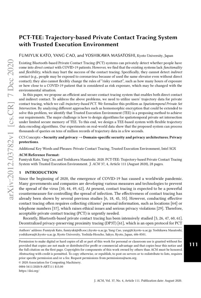 PCT-TEE: Trajectory-based Private Contact Tracing System with Trusted Execution Environment | DeepAI