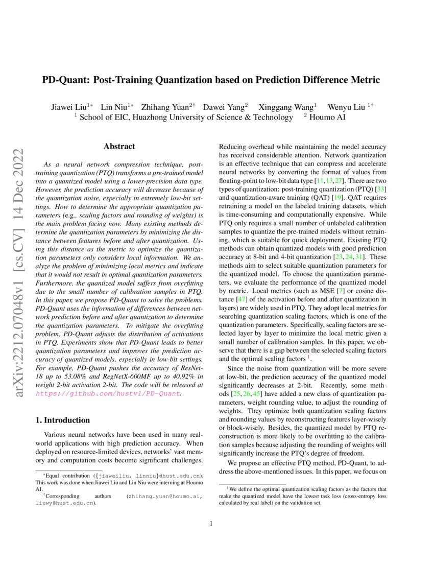 PD-Quant: Post-Training Quantization based on Prediction Difference Metric | DeepAI