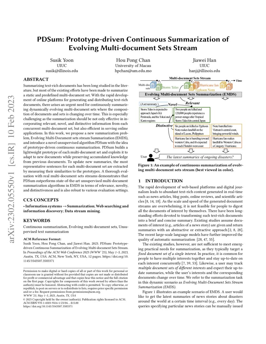 Pdsum Prototype Driven Continuous Summarization Of Evolving Multi Document Sets Stream Deepai