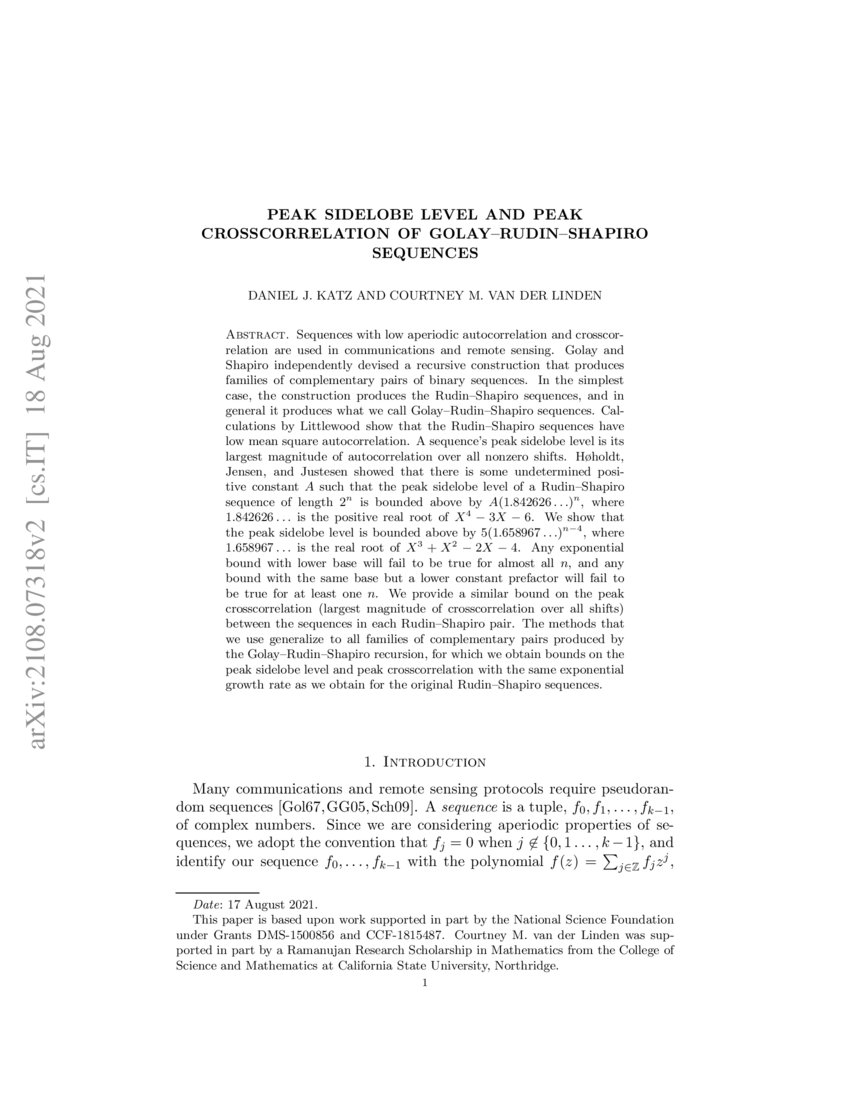 Peak Sidelobe Level and Peak Crosscorrelation of Golay-Rudin-Shapiro Sequences | DeepAI
