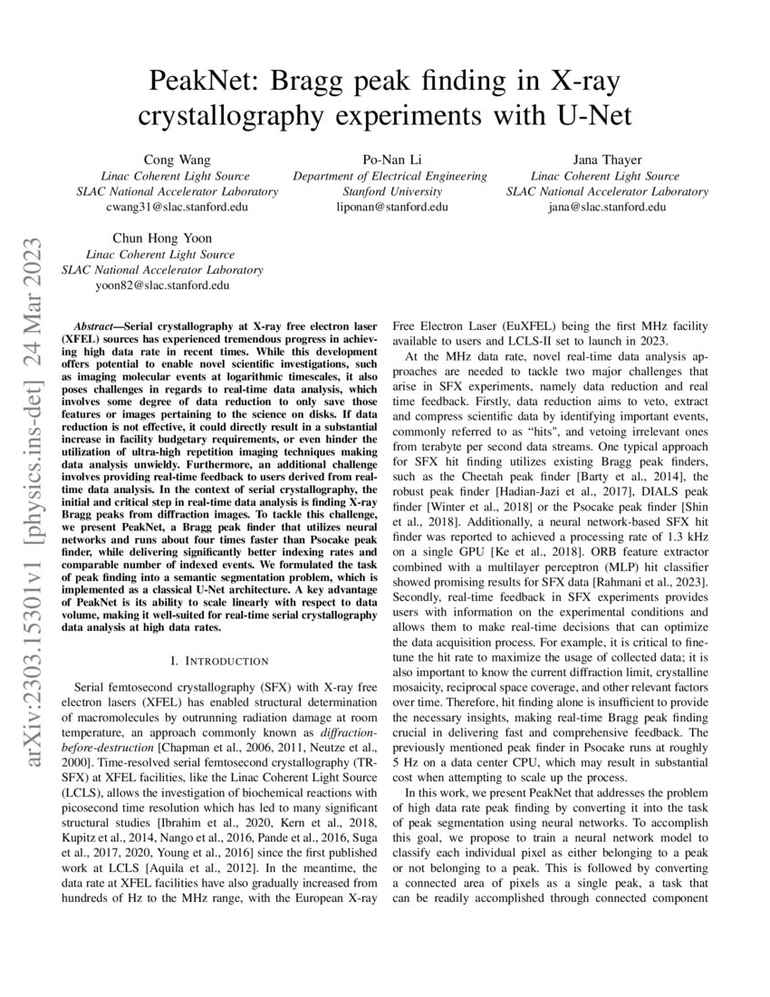 PeakNet: Bragg peak finding in X-ray crystallography experiments with U ...