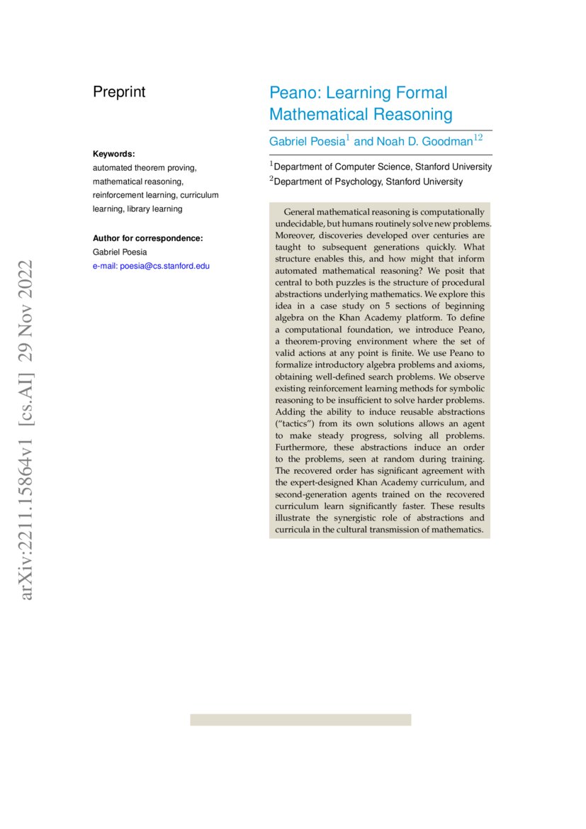 Peano: Learning Formal Mathematical Reasoning | DeepAI